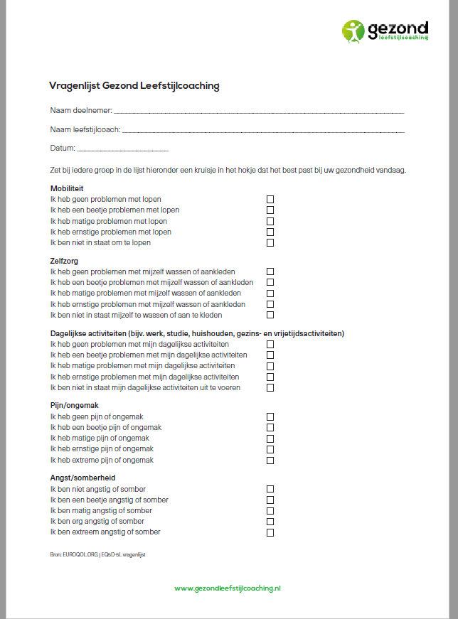 Vragenlijst Gezond Leefstijlcoaching -EQ-5D • Allesvoordepodotherapeut